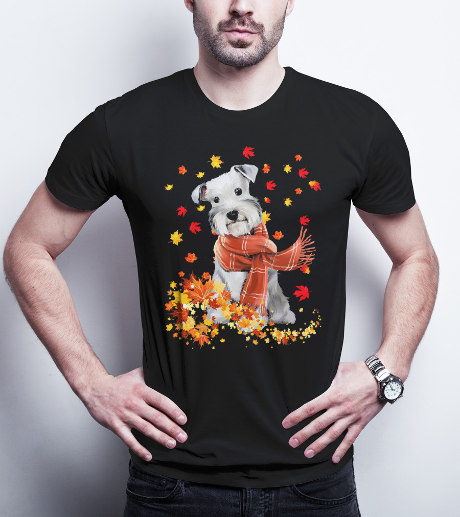 Cute Schnauzer Dog Autumn Leaves And Cozy Scarf T-Shirt