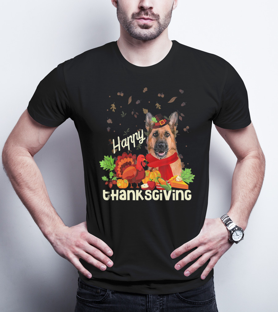 Happy Thanksgiving Pilgrim German Shepherd With Turkey And Fall Leaves T-Shirt