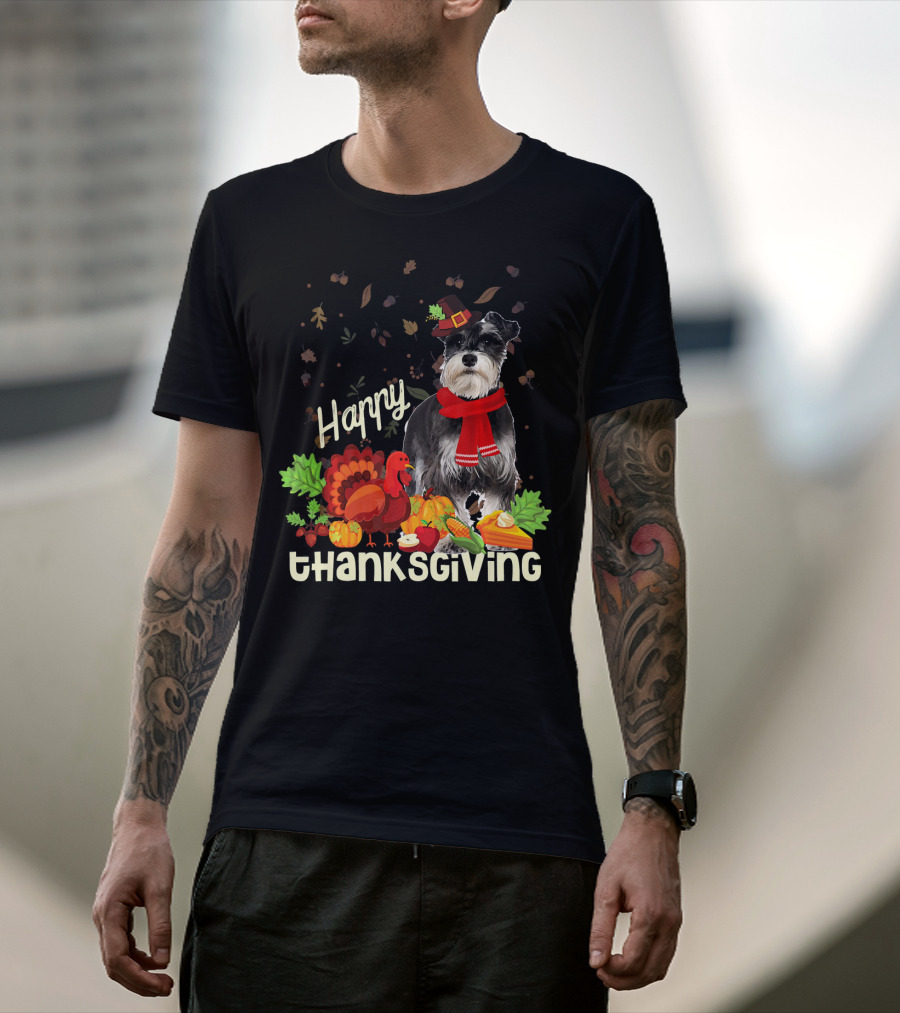 Happy Thanksgiving Pilgrim Miniature Schnauzer Turkey Pumpkin Pie Autumn Leaves T-Shirt