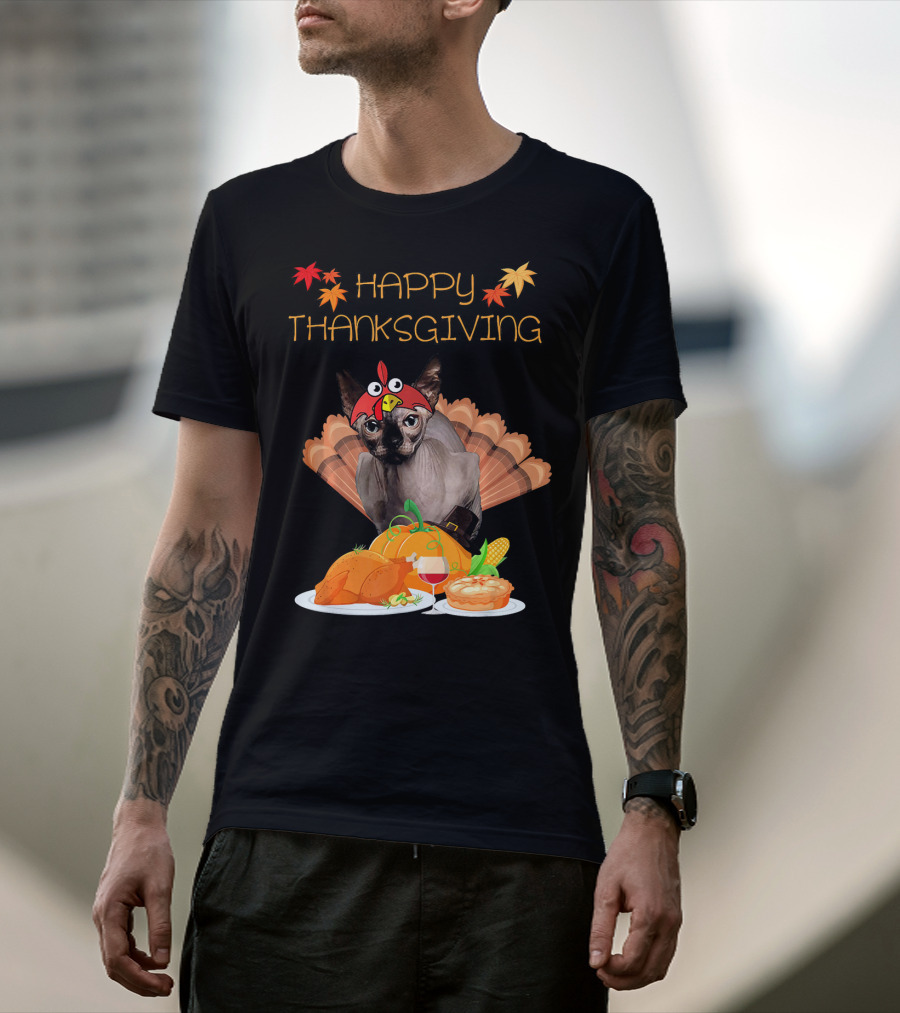Happy Thanksgiving Sphynx Cat Turkey Feast T-Shirt