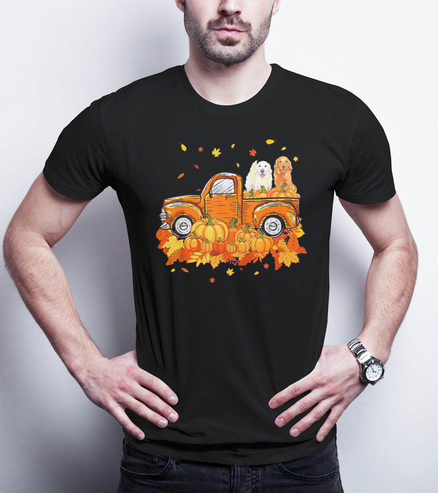 Golden Retriever Puppies In Vintage Pumpkin Truck With Autumn Leaves T-Shirt