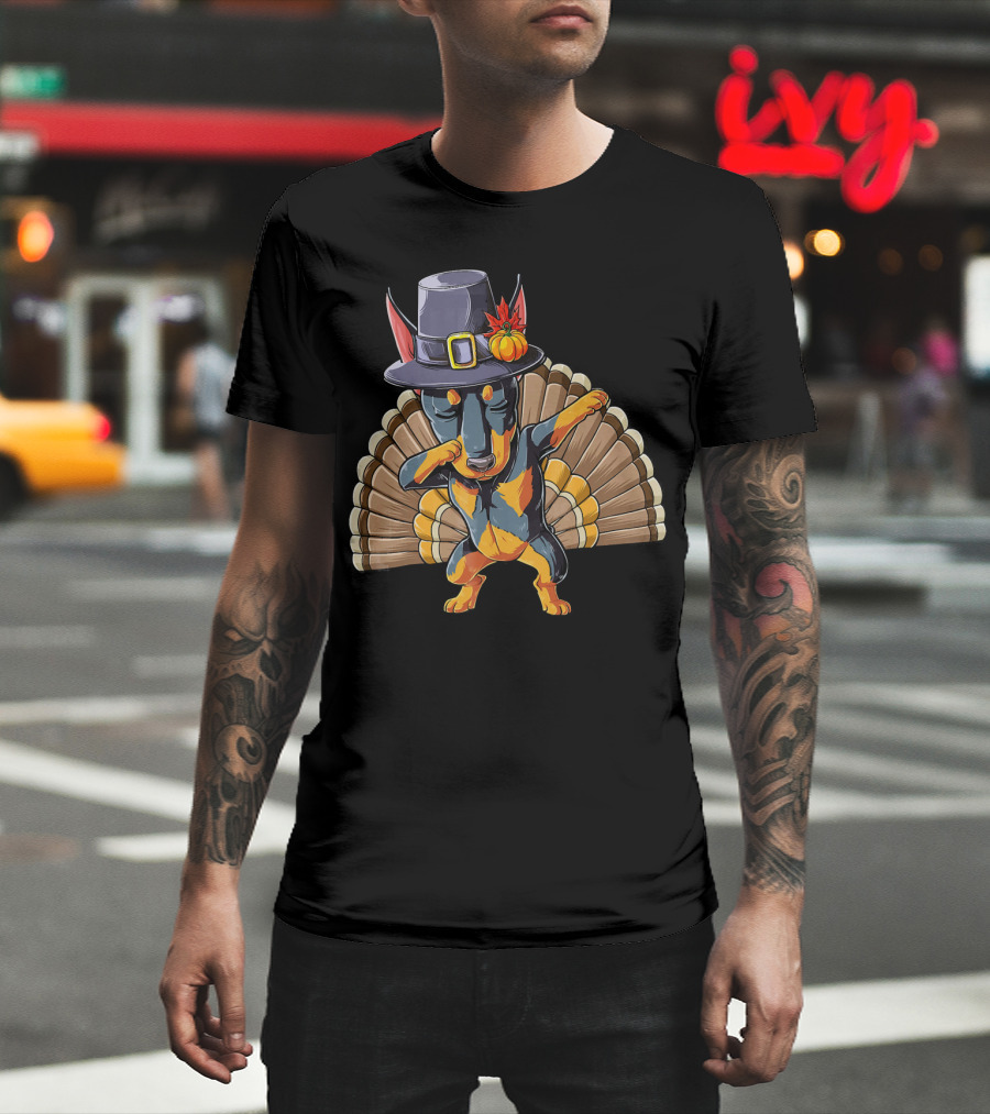 Thanksgiving Pilgrim Hat Dabbing Dog With Turkey Feathers T-Shirt