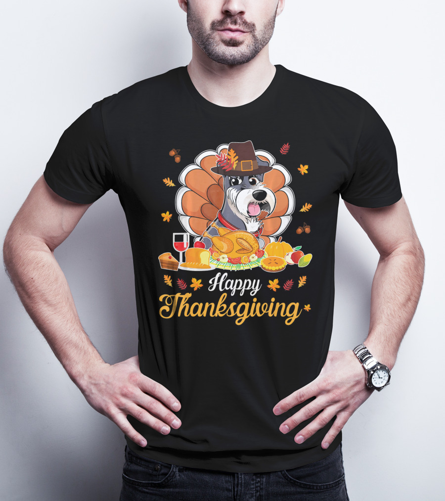Happy Thanksgiving Schnauzer Pilgrim Turkey Feast Wine T-Shirt