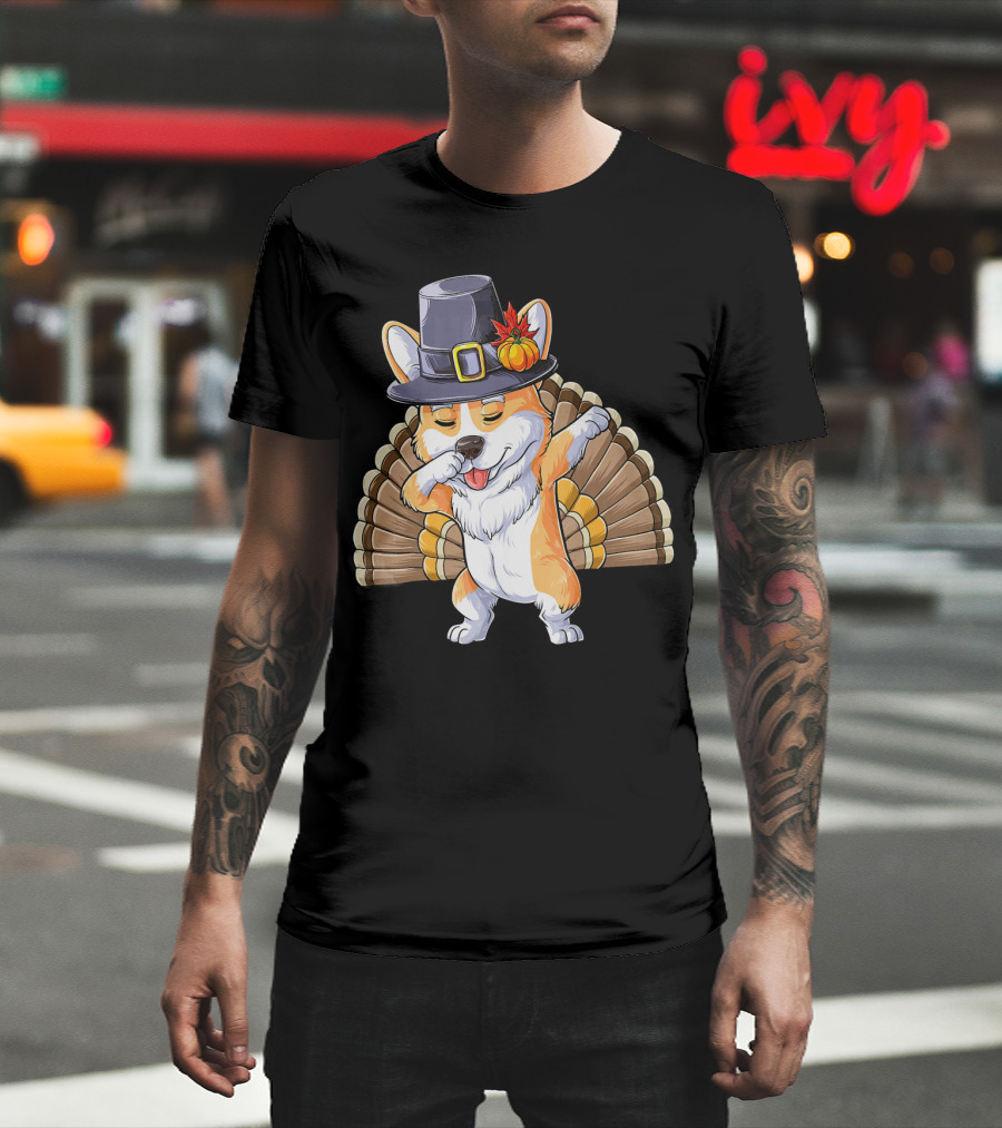 Thanksgiving Dabbing Corgi Pilgrim Hat Turkey Tail T-Shirt