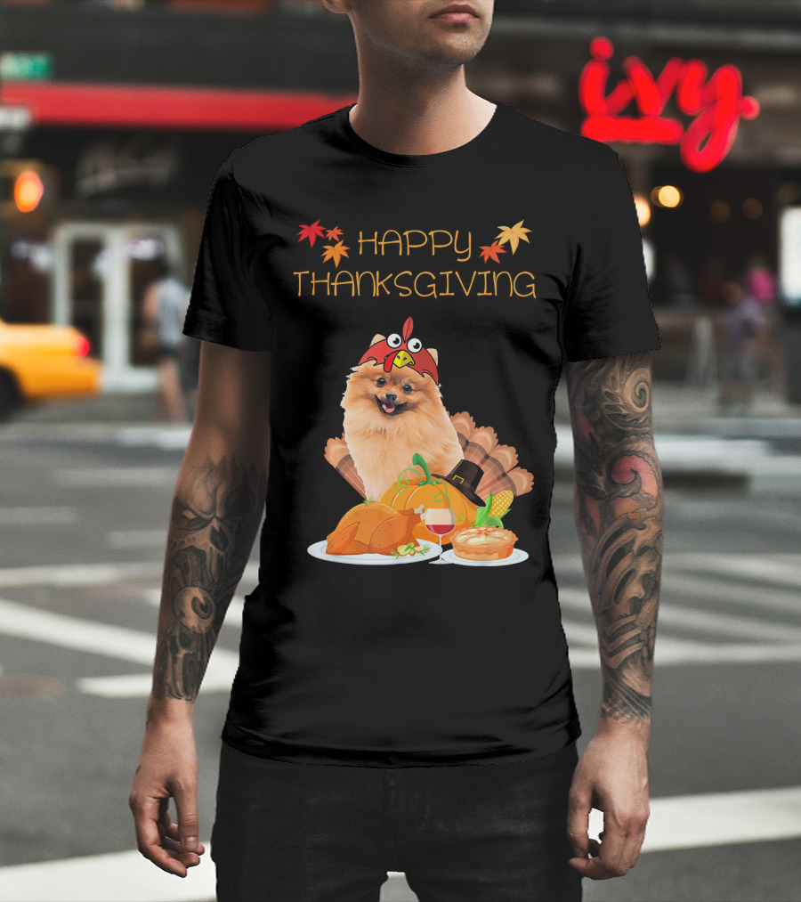 Happy Thanksgiving Day Pomeranian Turkey Pumpkin Pie T-Shirt