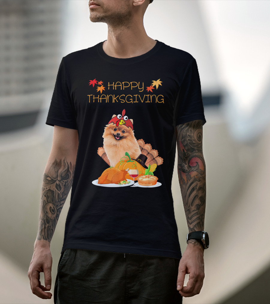 Happy Thanksgiving Day Pomeranian Turkey Pumpkin Pie T-Shirt