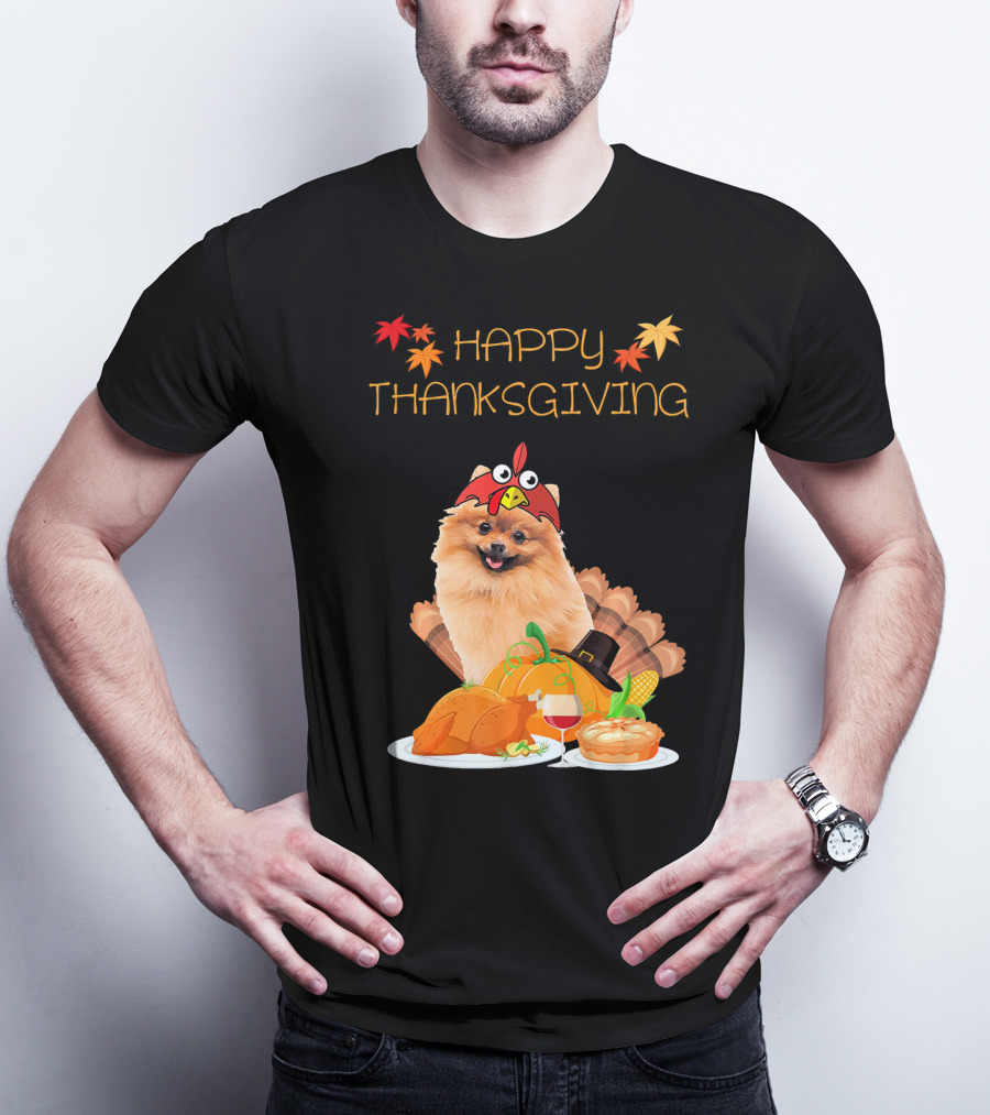 Happy Thanksgiving Day Pomeranian Turkey Pumpkin Pie T-Shirt