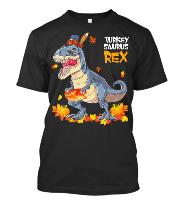 Turkey Saurus Rex Pilgrim Dinosaur Fall Leaves Pumpkins T-Shirt