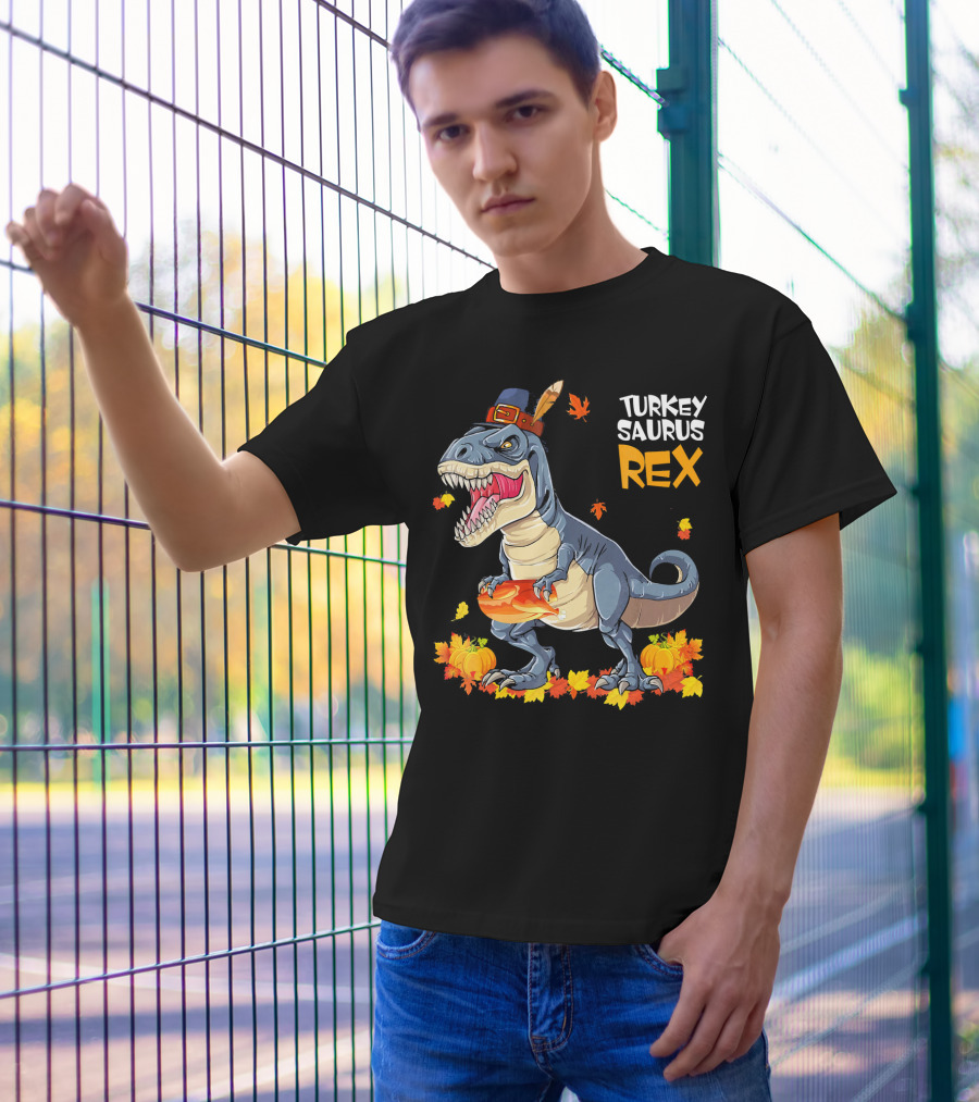 Turkey Saurus Rex Pilgrim Dinosaur Fall Leaves Pumpkins T-Shirt