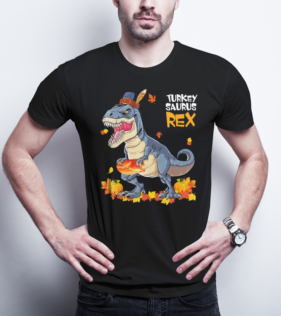 Turkey Saurus Rex Pilgrim Dinosaur Fall Leaves Pumpkins T-Shirt