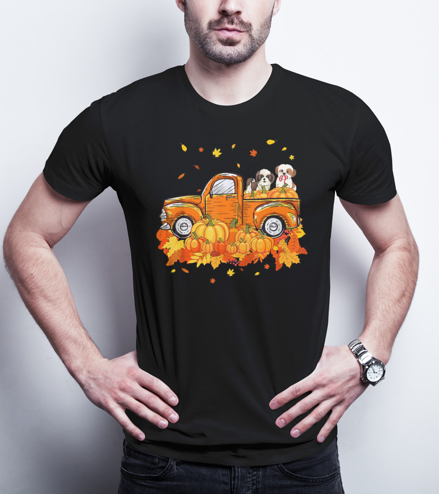 Shih Tzu Puppies In Pumpkin Truck With Autumn Leaves For Halloween T-Shirt