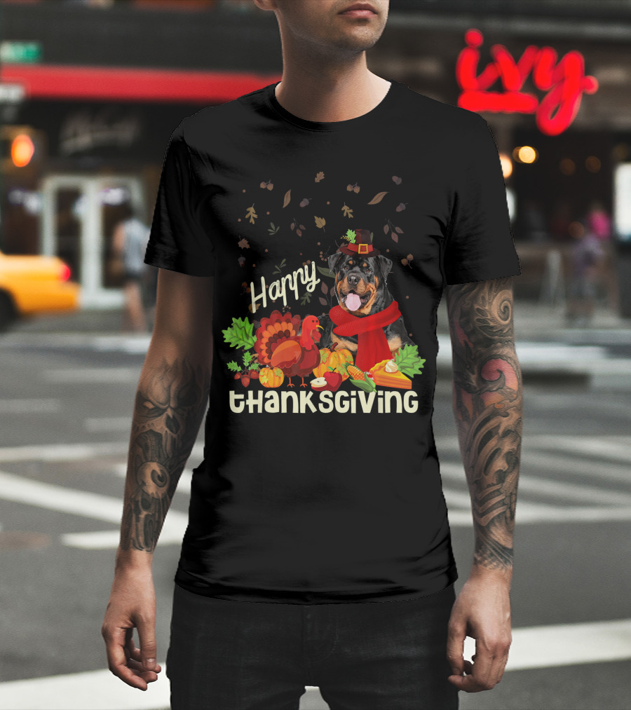 Happy Thanksgiving Pilgrim Rottweiler Turkey Feast With Autumn Leaves And Fruit T-Shirt