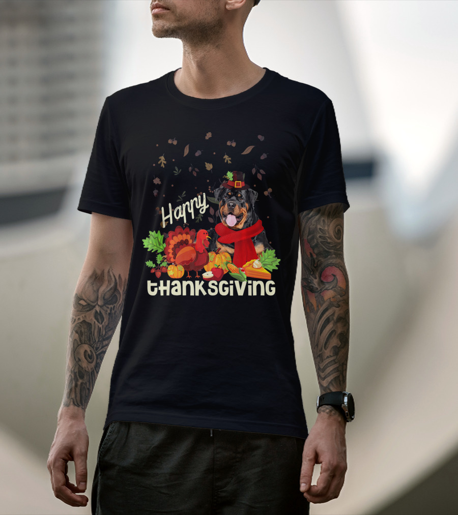 Happy Thanksgiving Pilgrim Rottweiler Turkey Feast With Autumn Leaves And Fruit T-Shirt