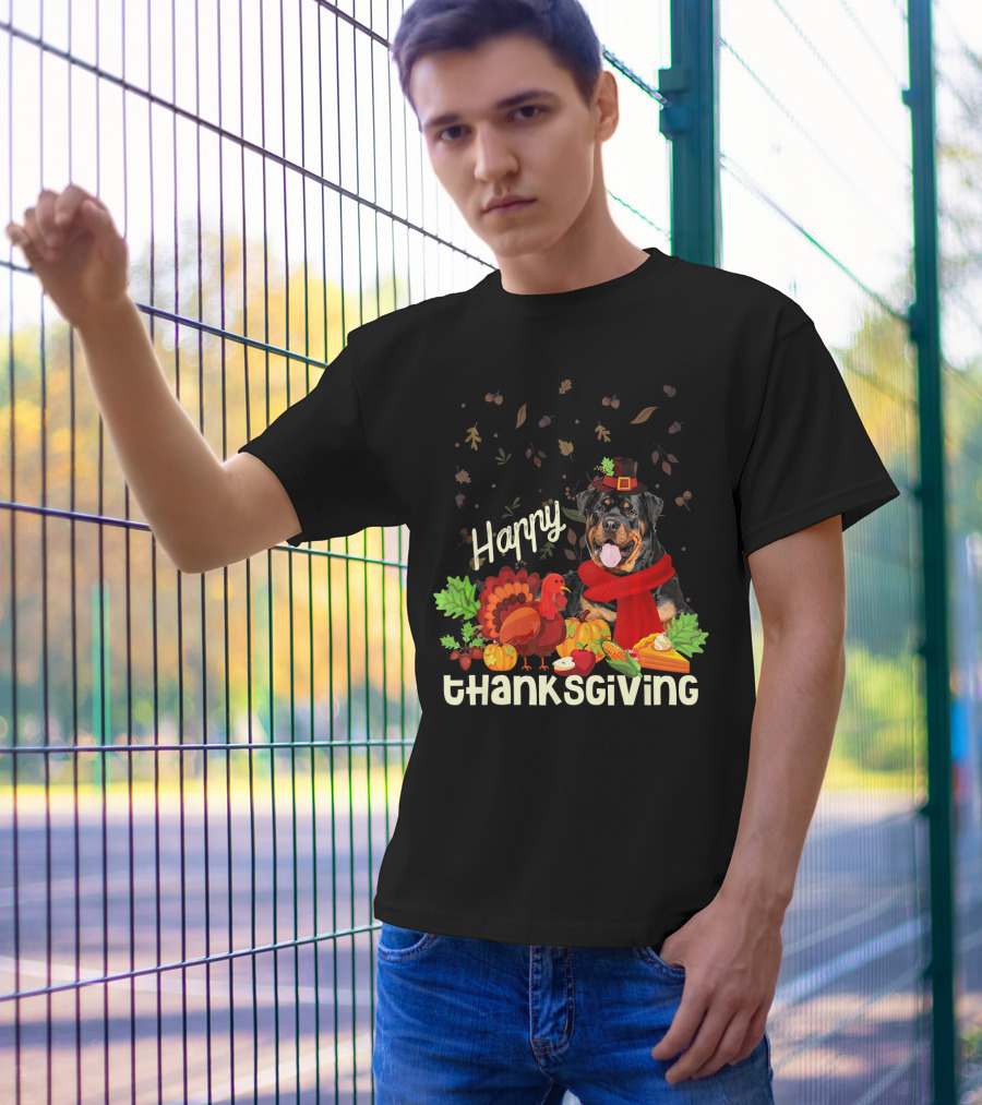 Happy Thanksgiving Pilgrim Rottweiler Turkey Feast With Autumn Leaves And Fruit T-Shirt