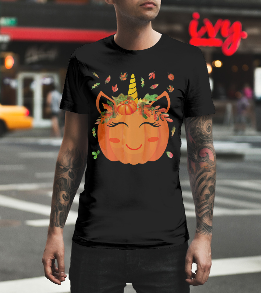 Cute Unicorn Pumpkin With Autumn Leaves And Horn T-Shirt