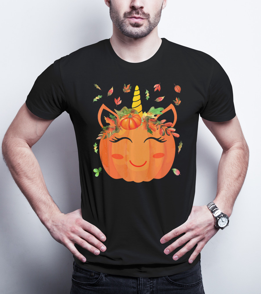 Cute Unicorn Pumpkin With Autumn Leaves And Horn T-Shirt