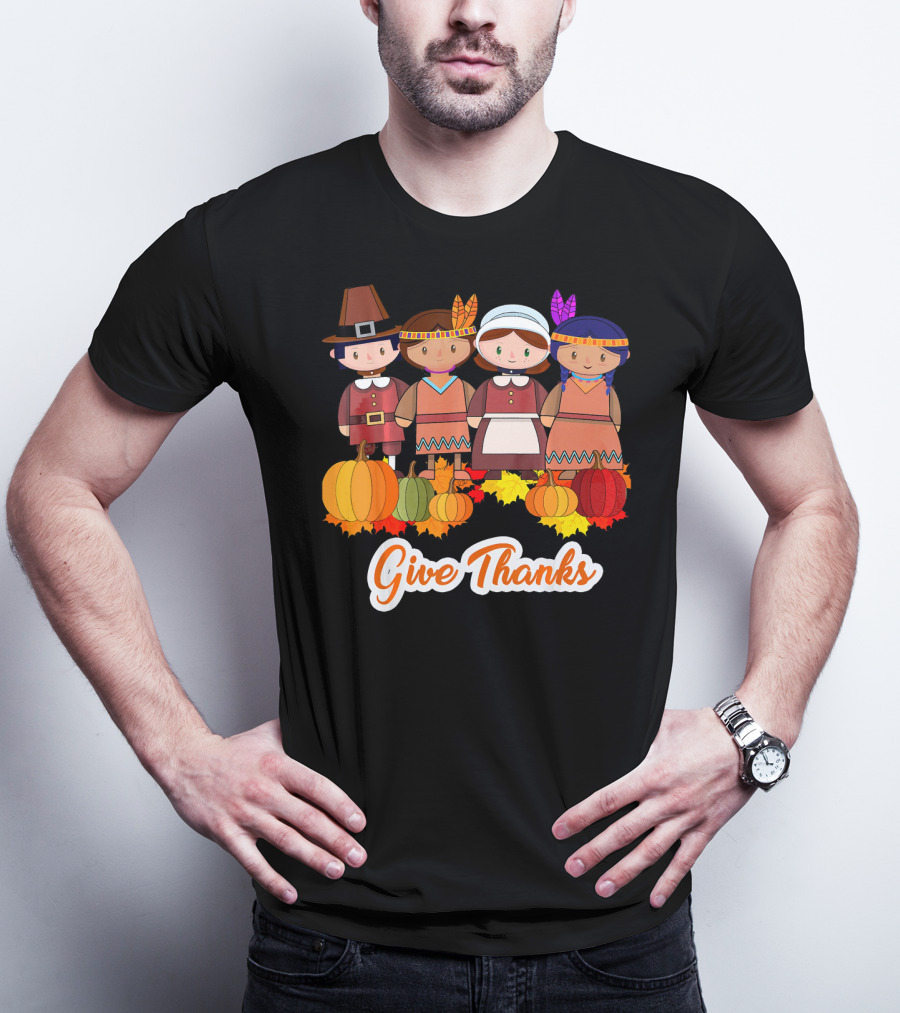 Give Thanks Thanksgiving Pilgrim And Native American With Pumpkins T-Shirt