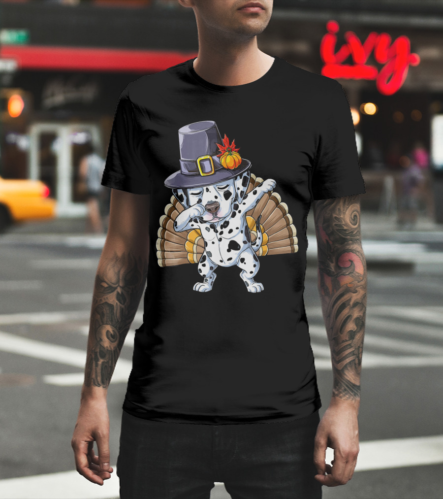 Thanksgiving Dabbing Dalmatian Pilgrim Hat Turkey Tail T-Shirt
