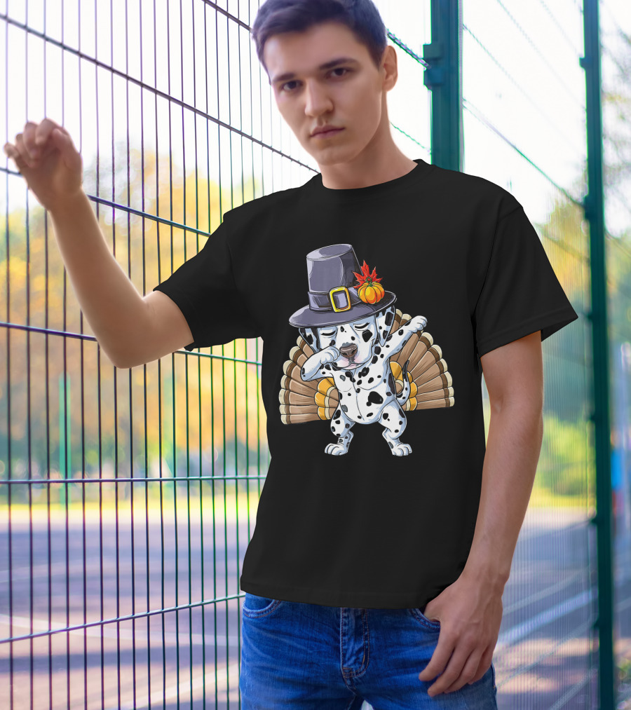 Thanksgiving Dabbing Dalmatian Pilgrim Hat Turkey Tail T-Shirt