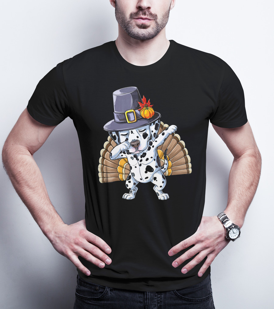 Thanksgiving Dabbing Dalmatian Pilgrim Hat Turkey Tail T-Shirt