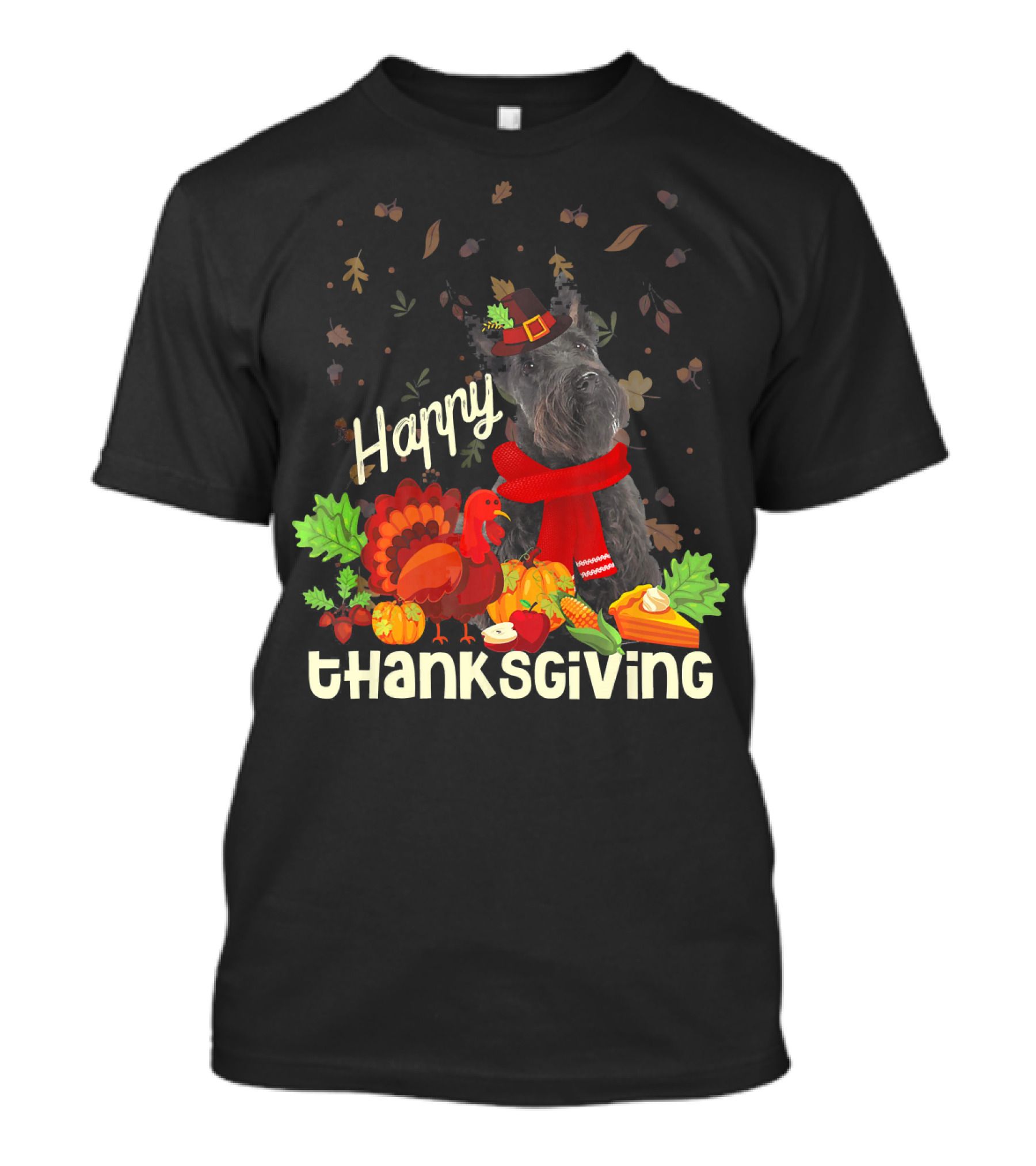 Happy Thanksgiving Pilgrim Scottish Terrier With Turkey And Fall Leaves T-Shirt