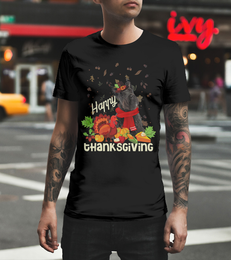 Happy Thanksgiving Pilgrim Scottish Terrier With Turkey And Fall Leaves T-Shirt