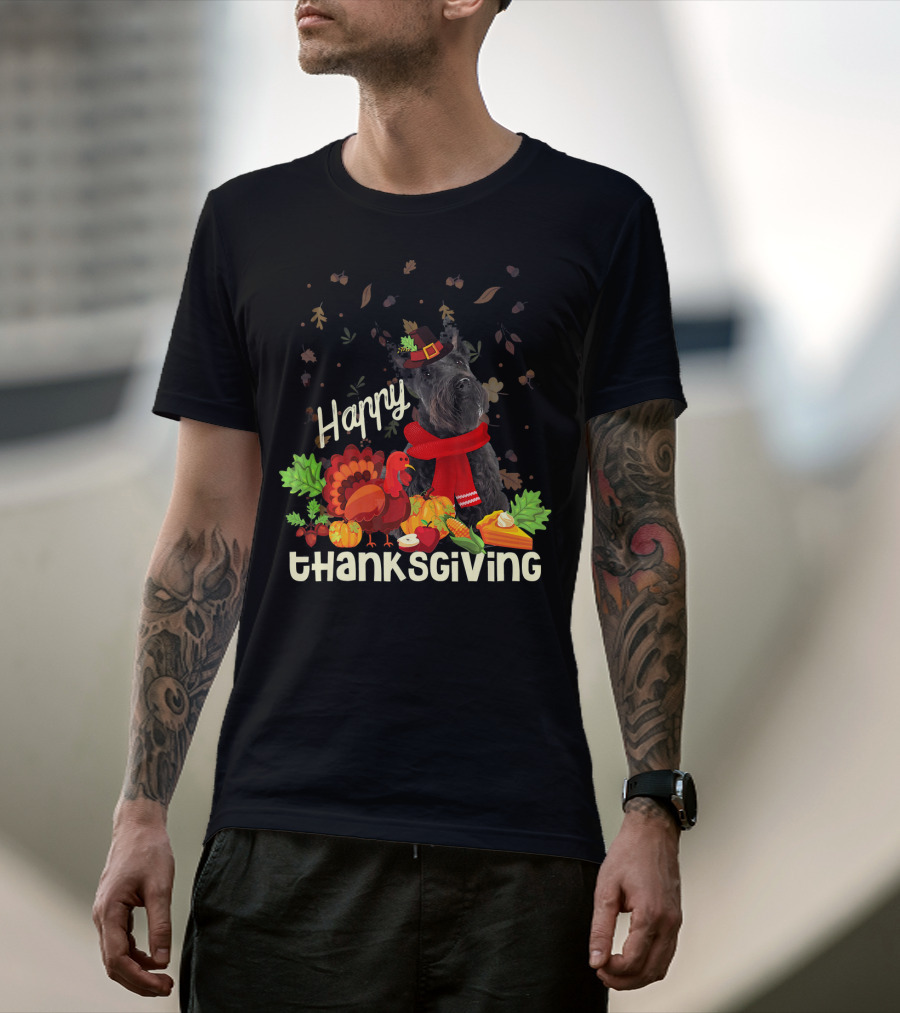 Happy Thanksgiving Pilgrim Scottish Terrier With Turkey And Fall Leaves T-Shirt