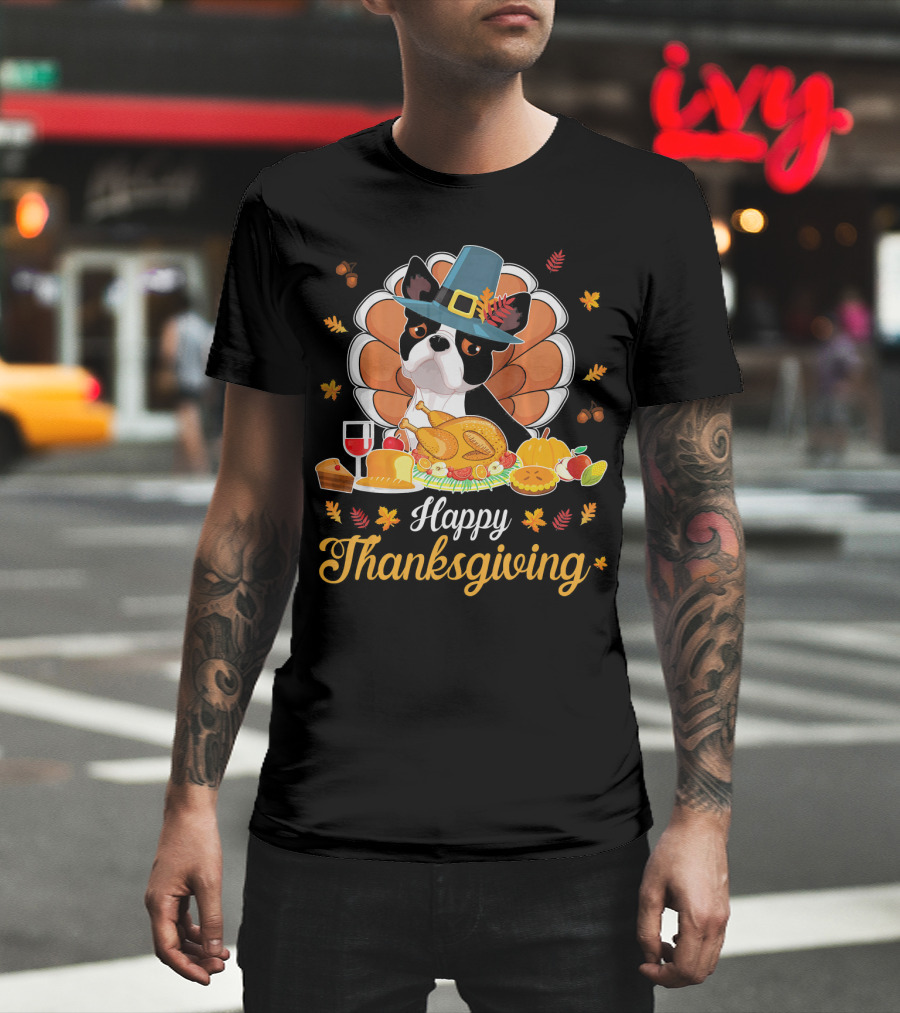 Happy Thanksgiving Boston Terrier Pilgrim With Turkey Feast T-Shirt
