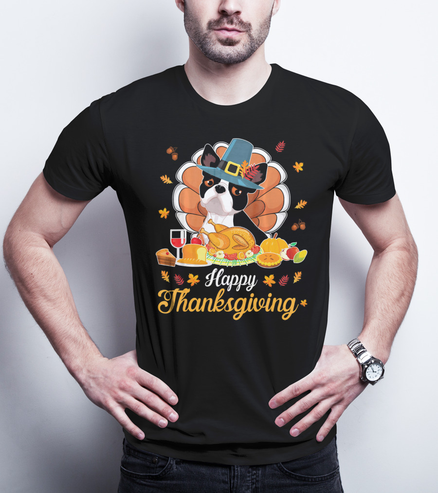 Happy Thanksgiving Boston Terrier Pilgrim With Turkey Feast T-Shirt