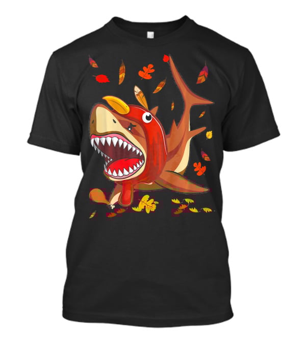 Thanksgiving Shark Doo Doo Doo Turkey Costume With Fall Leaves T-Shirt