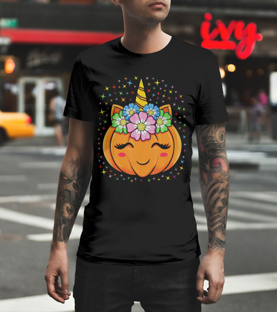 Unicorn Pumpkin Halloween Cute Floral Stars T-Shirt