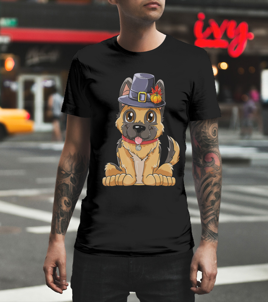 Thanksgiving Kids German Shepherd Cartoon Dog With Pilgrim Hat And Pumpkin T-Shirt