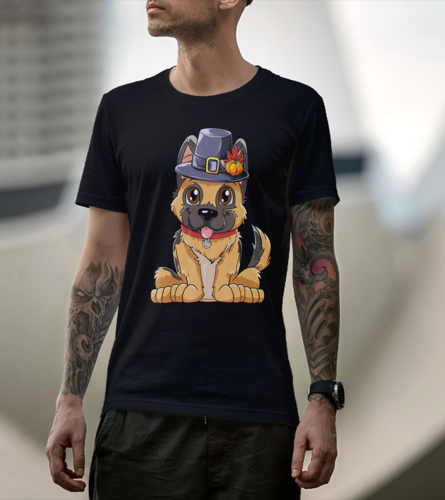 Thanksgiving Kids German Shepherd Cartoon Dog With Pilgrim Hat And Pumpkin T-Shirt