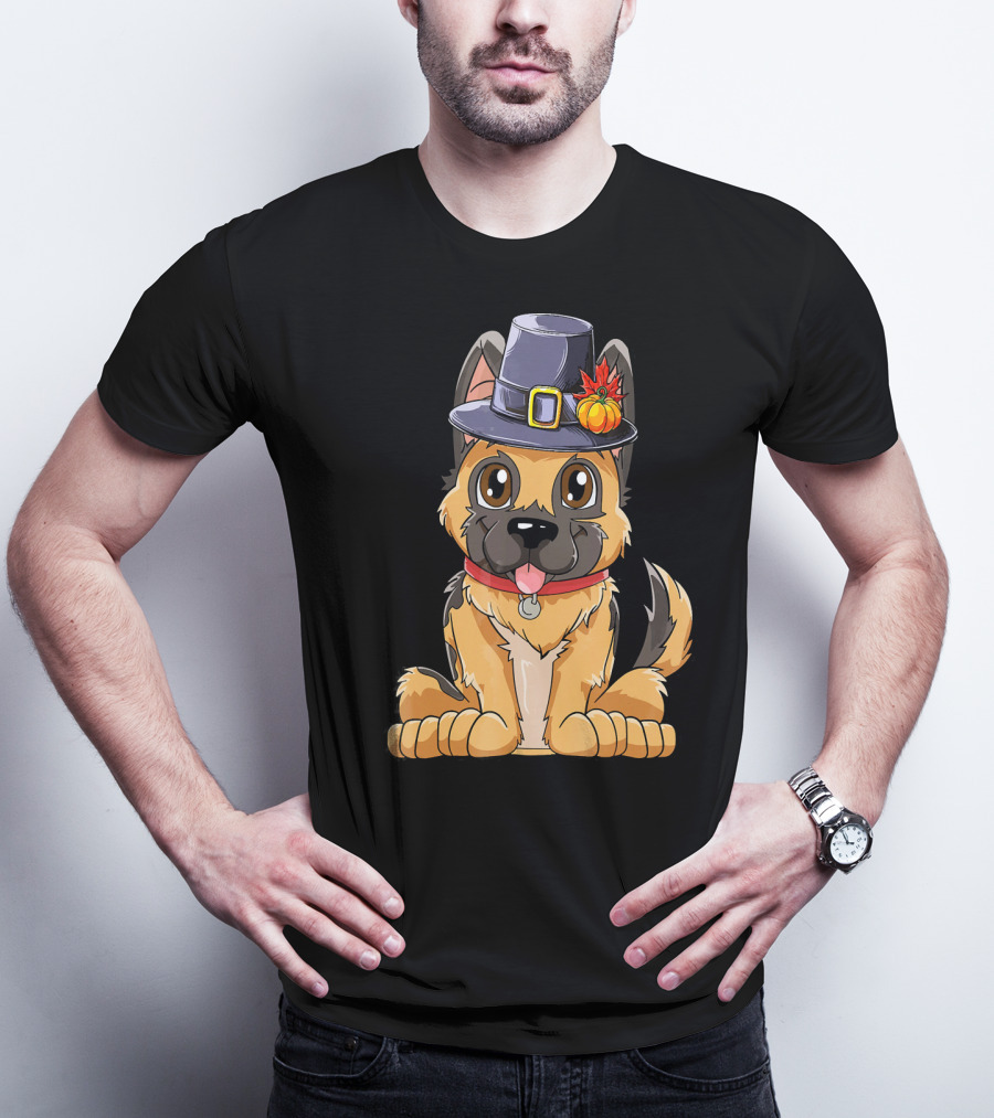 Thanksgiving Kids German Shepherd Cartoon Dog With Pilgrim Hat And Pumpkin T-Shirt