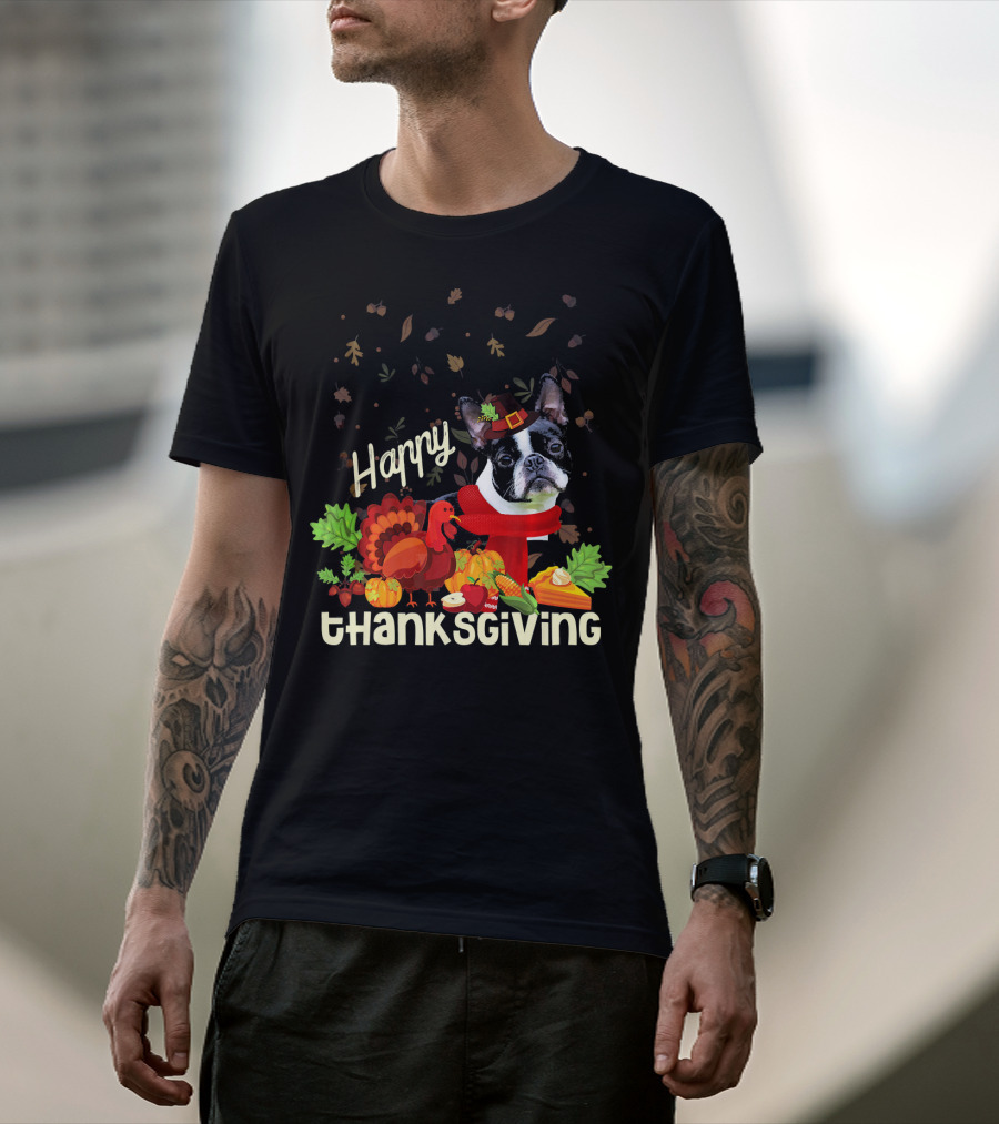 Happy Thanksgiving Boston Terrier Pilgrim With Turkey And Autumn Leaves T-Shirt
