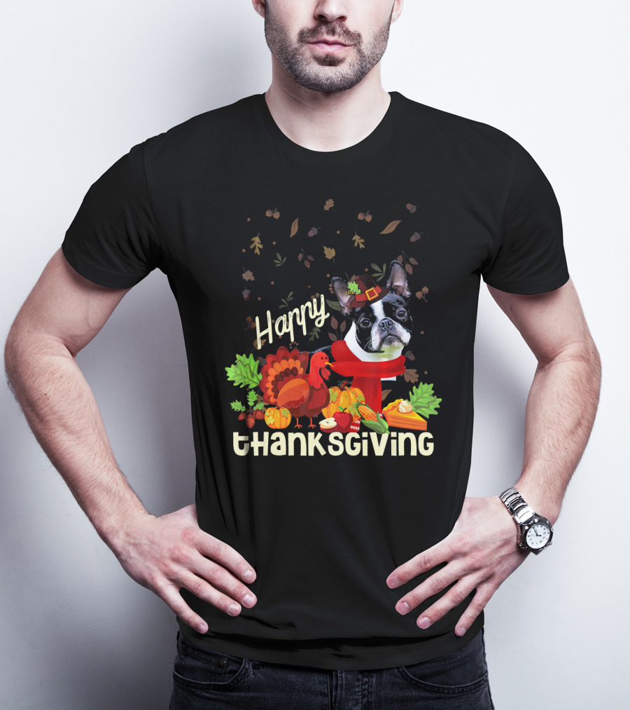 Happy Thanksgiving Boston Terrier Pilgrim With Turkey And Autumn Leaves T-Shirt