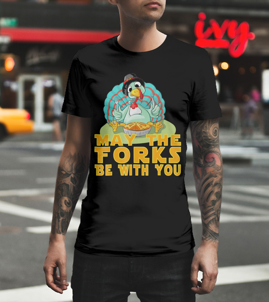Cute Thanksgiving Turkey May The Forks Be With You Holiday T-Shirt
