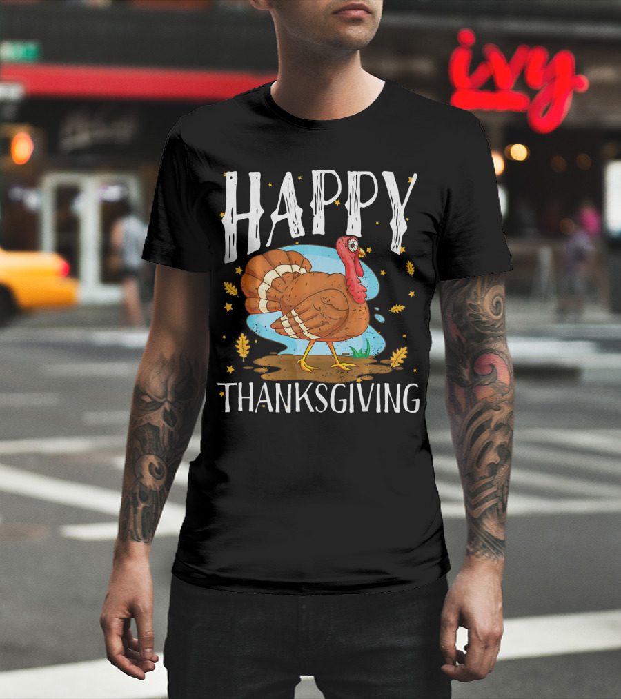Happy Thanksgiving Funny Turkey Comic Style Leaves Stars T-Shirt