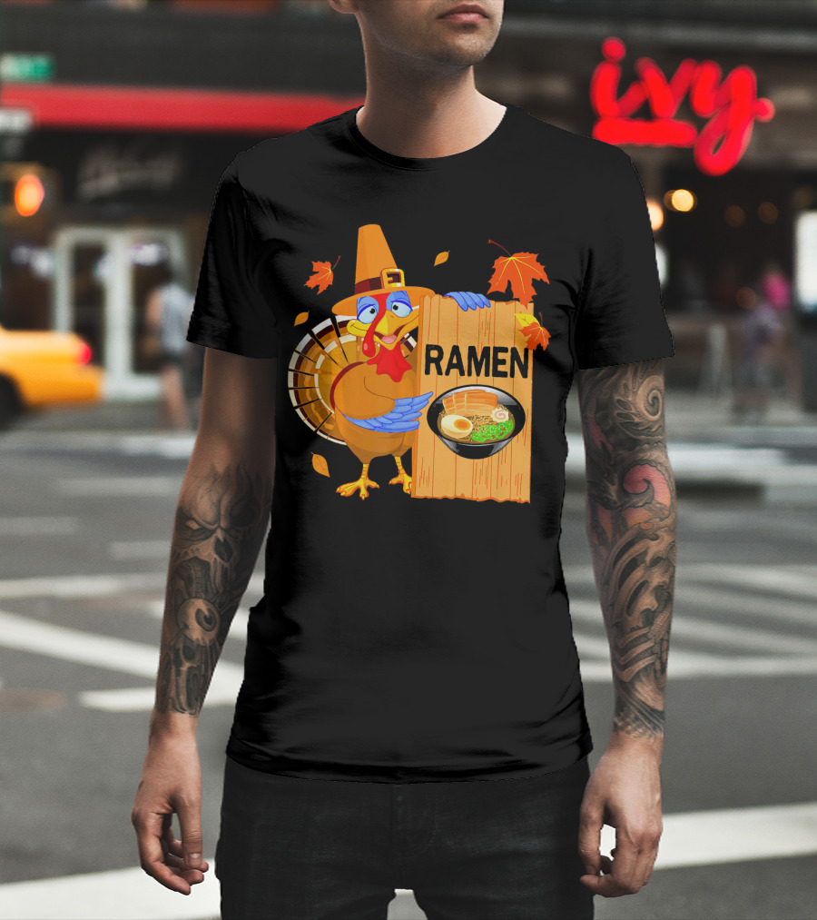 Thanksgiving Turkey With Ramen Bowl And Leaves T-Shirt