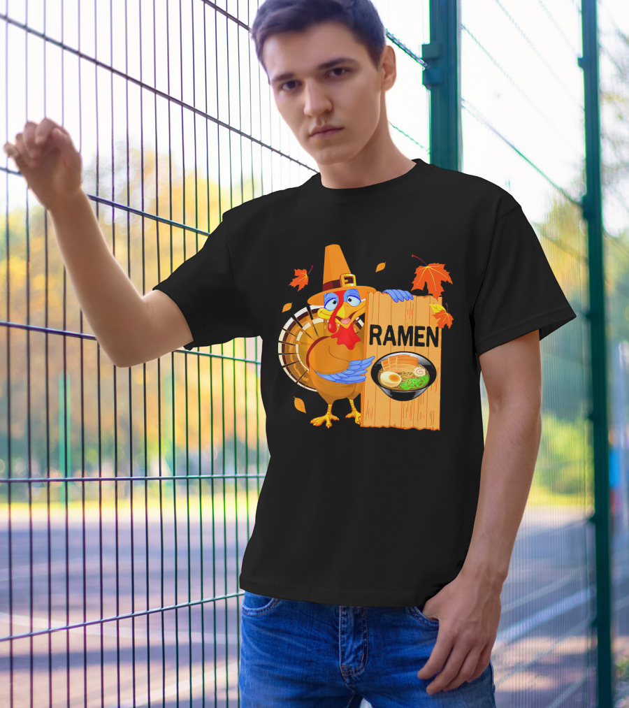 Thanksgiving Turkey With Ramen Bowl And Leaves T-Shirt