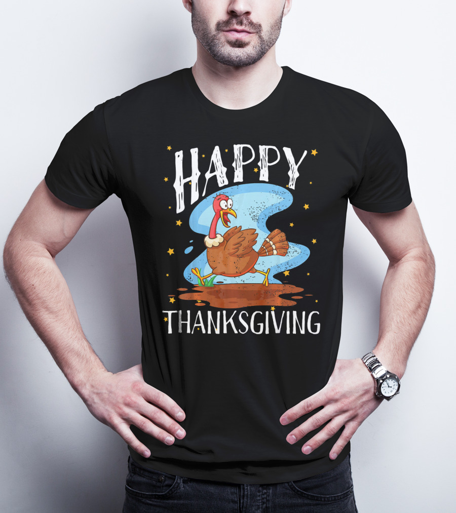 Happy Thanksgiving Running Turkey Cartoon T-Shirt