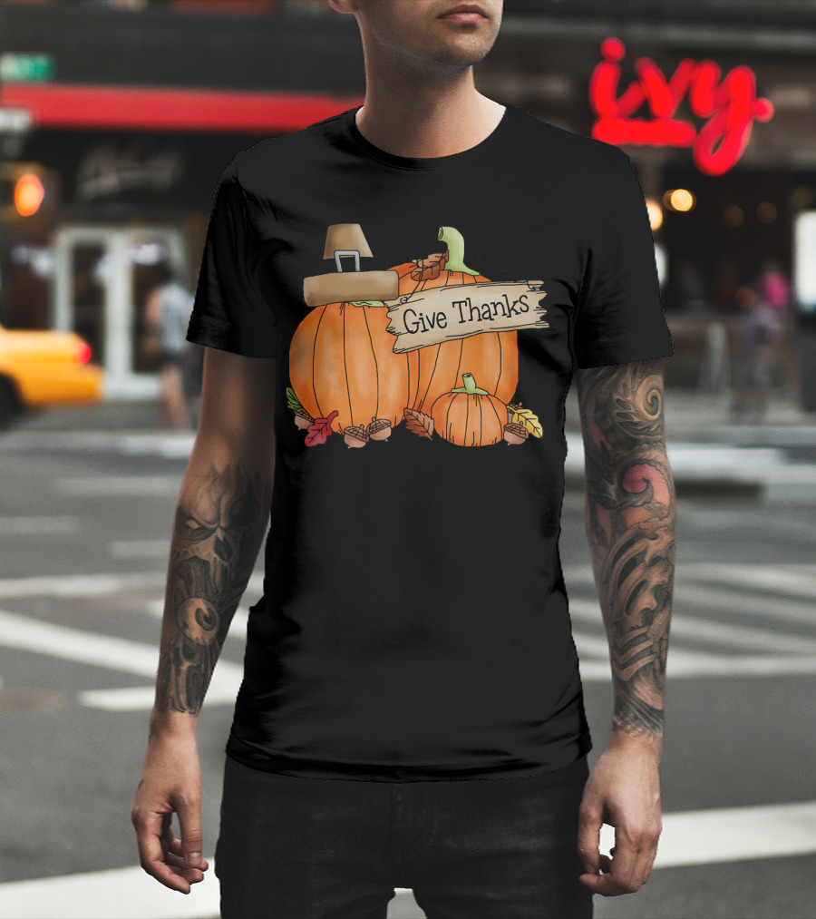Give Thanks Pumpkin Pilgrim Hat Leaves Acorns T-Shirt