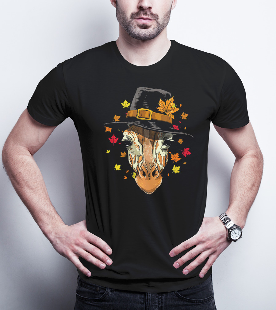 Thanksgiving Pilgrim Giraffe Autumn Leaves T-Shirt