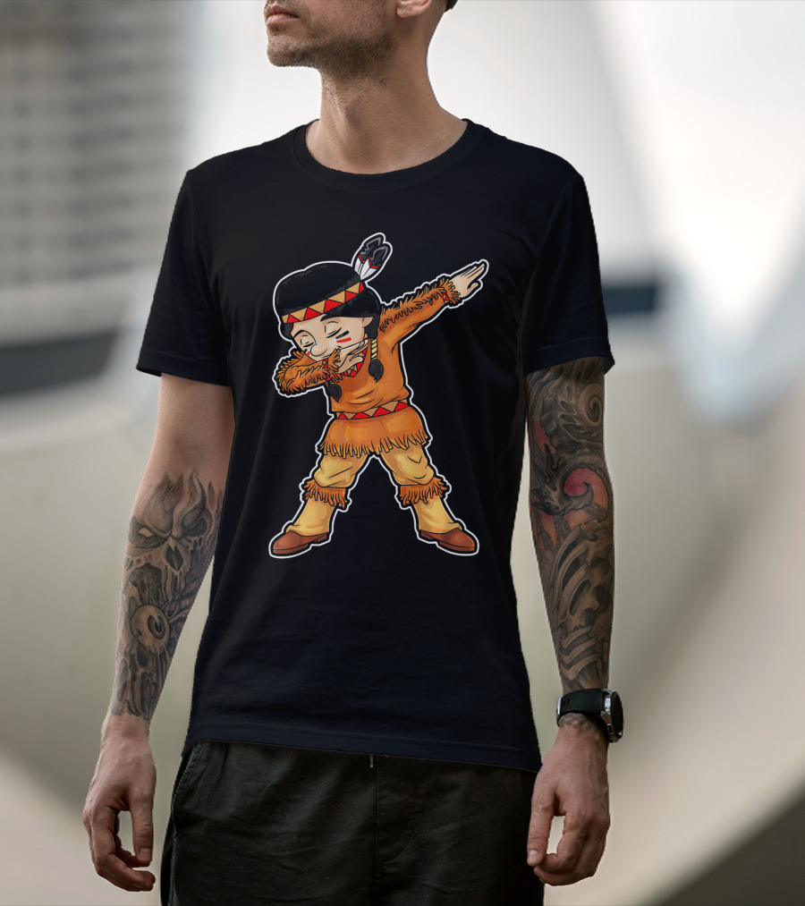 Dabbing Native American Pilgrim In Traditional Attire T-Shirt
