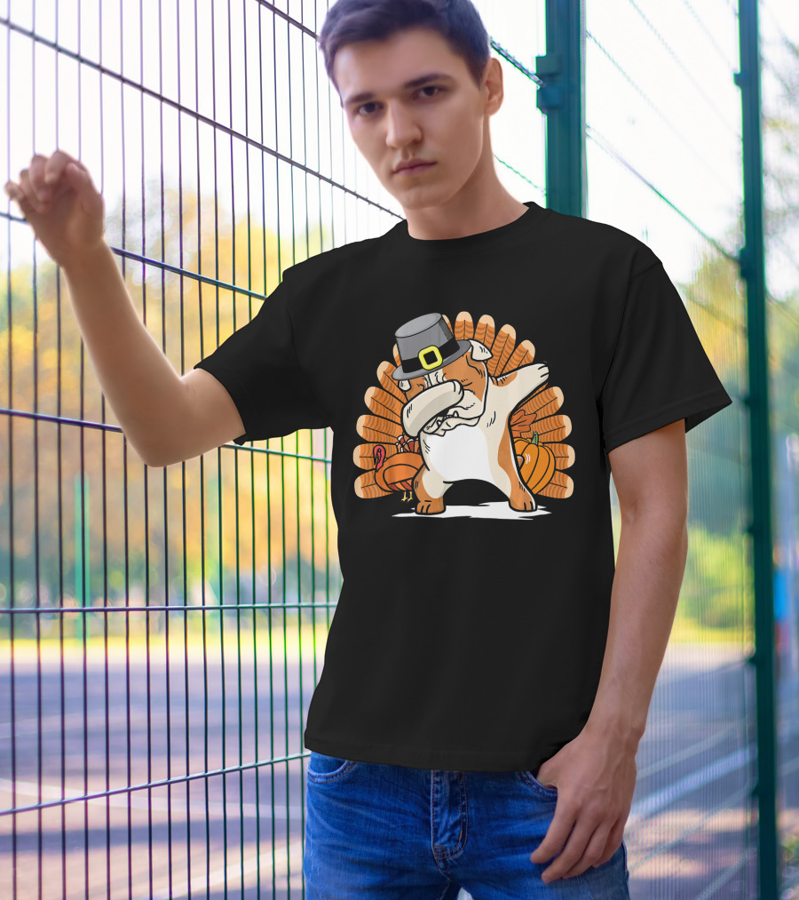 Funny Dabbing English Bulldog Thanksgiving Pilgrim Turkey Pumpkin T-Shirt