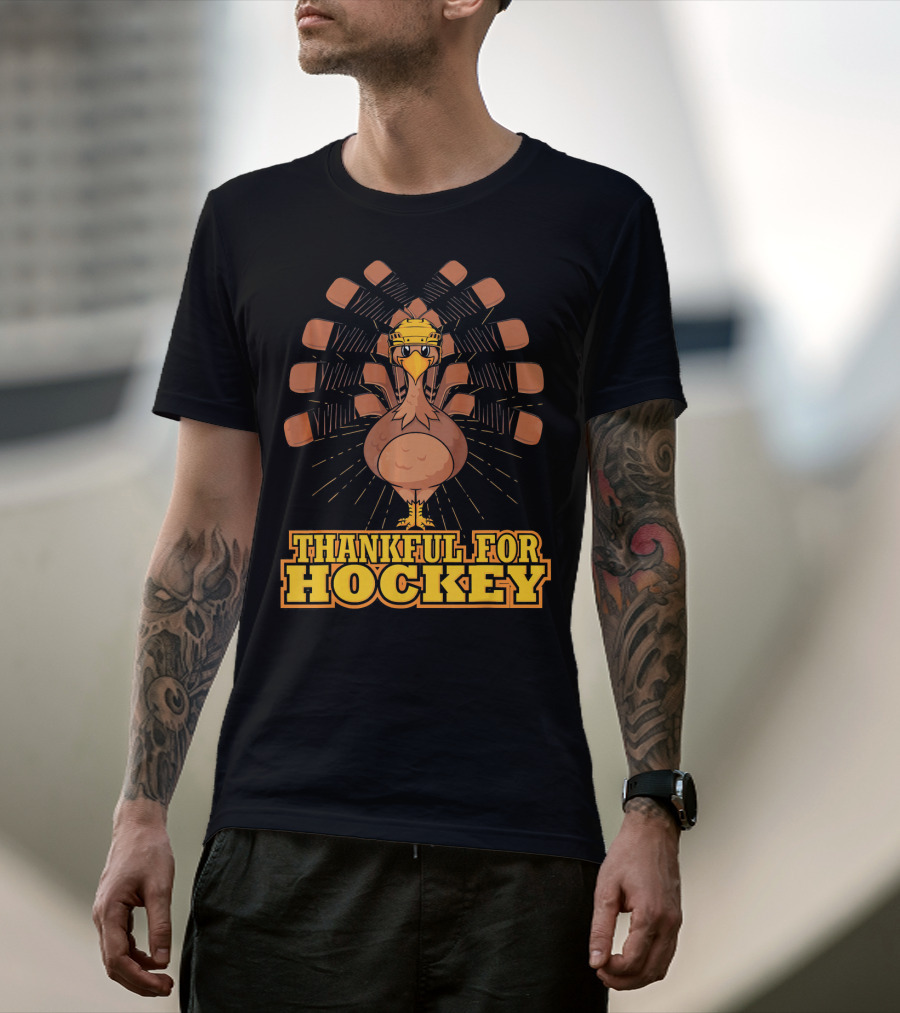 Thankful For Hockey Turkey Wearing Helmet With Hockey Sticks T-Shirt