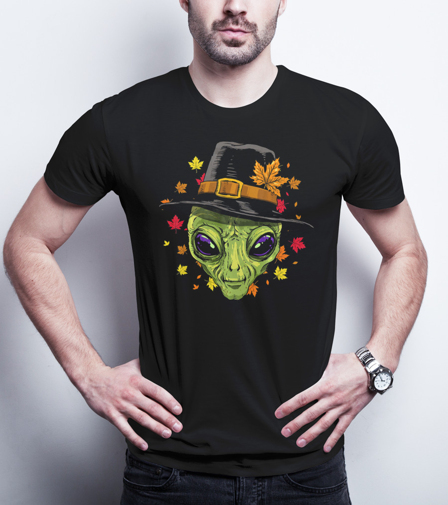 Thanksgiving Alien Pilgrim Surrounded By Autumn Leaves T-Shirt