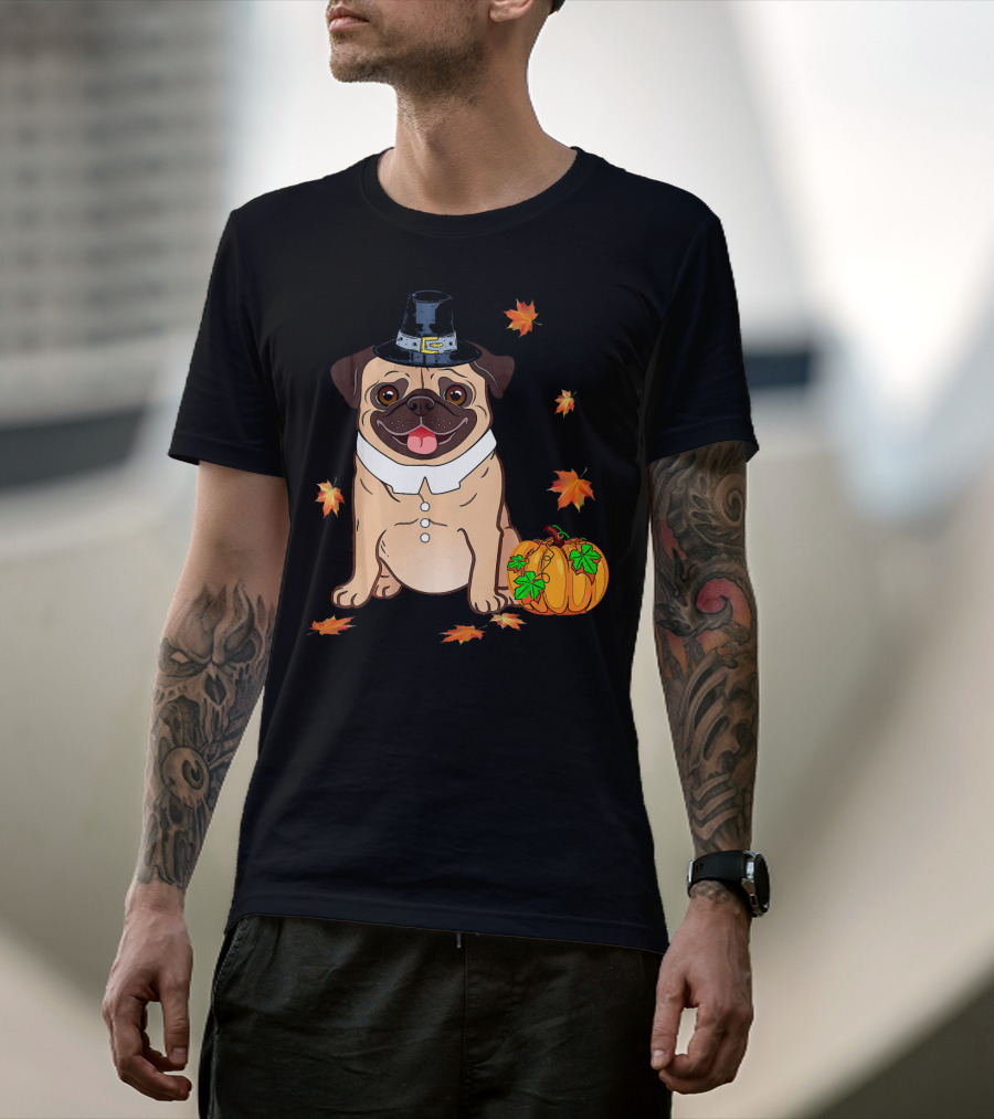 Thanksgiving Pug Pilgrim Hat Pumpkin Leaves T-Shirt