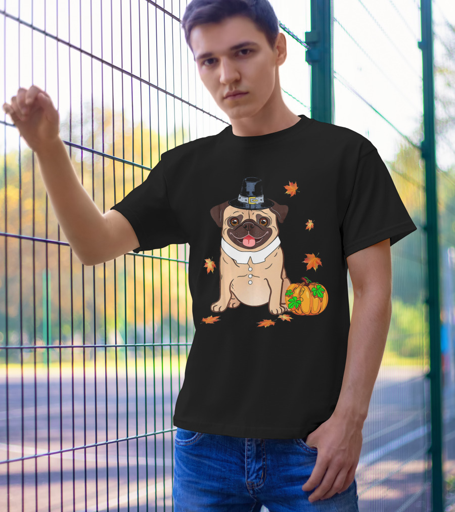 Thanksgiving Pug Pilgrim Hat Pumpkin Leaves T-Shirt