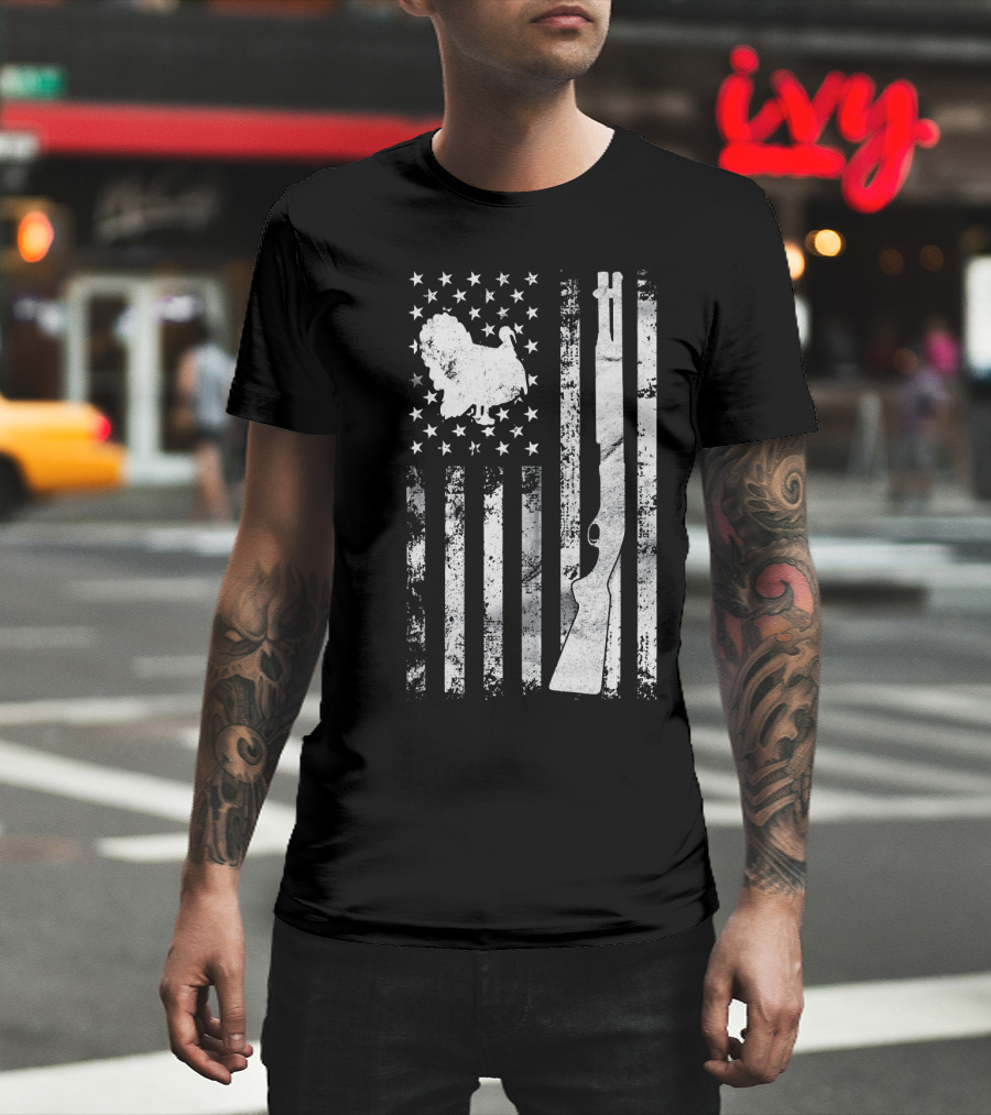 Turkey Hunting American Flag With Rifle And Stars T-Shirt